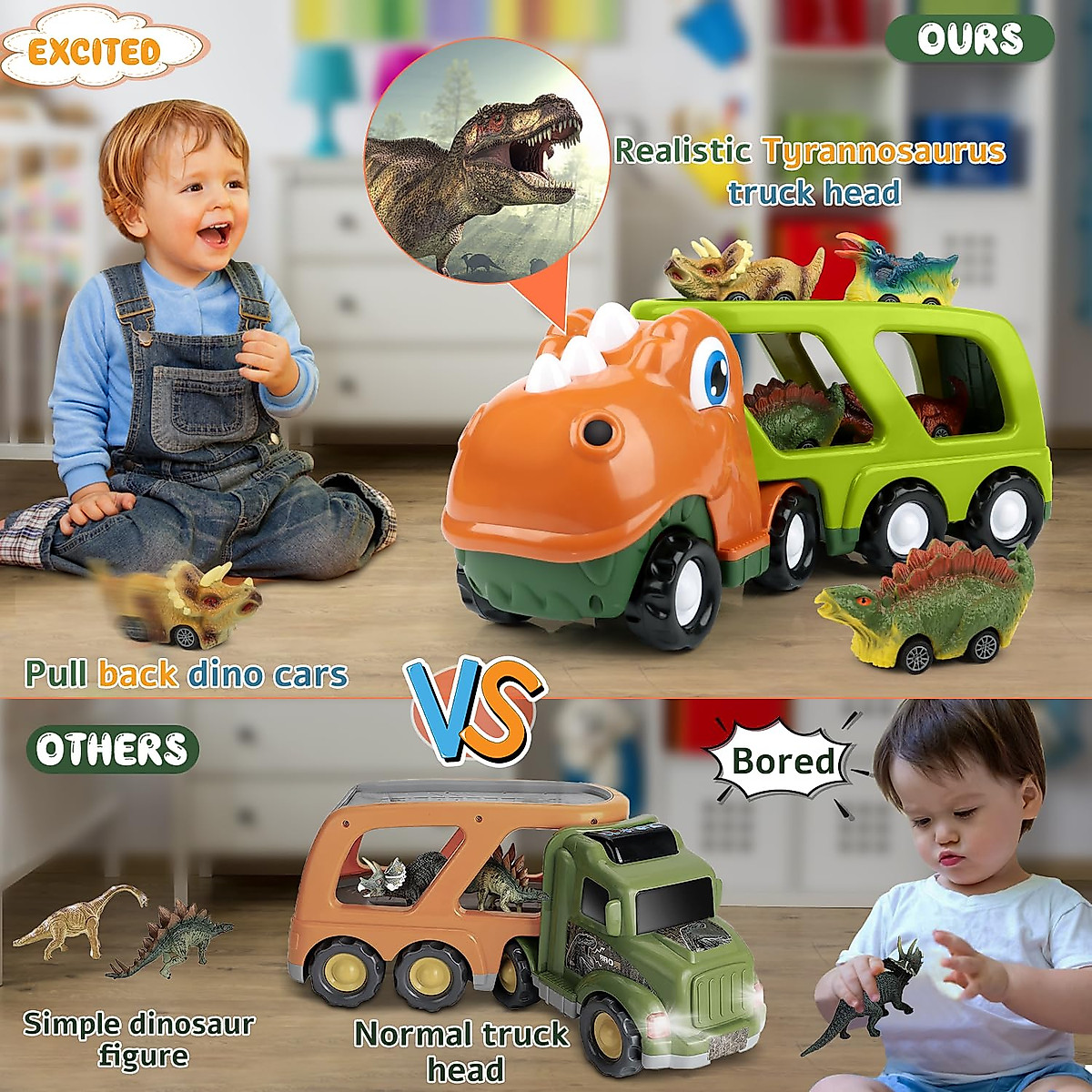 Nicmore Dinosaur Truck Toddler Toys Car: Toys for 2 3 4 Year Old Boy 5 in 1 Carrier Transport Toys for Kids Age 2-3 2-4 | 18 Months 2 Year Old Boy Girl Birthday Gifts