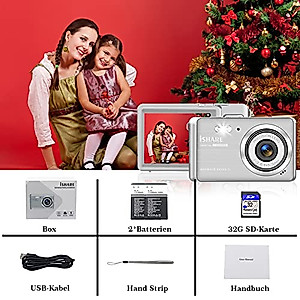 ISHARE Digital Camera for Beginners - 30MP 1080P 18X Digital Zoom 2.8”LCD Screen, Point and Shoot Camera with 2X Batteries and 32G SD Card, Ideal Cameras for Photography Enthusiasts(Silver)