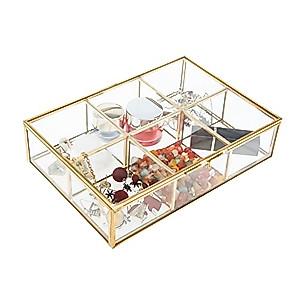 HighFree Golden Vintage Glass Box, Clear Keepsake Box Jewelry Organizer and Counter Top Collection Display Case, Decorative Clear Glass & Brass Box