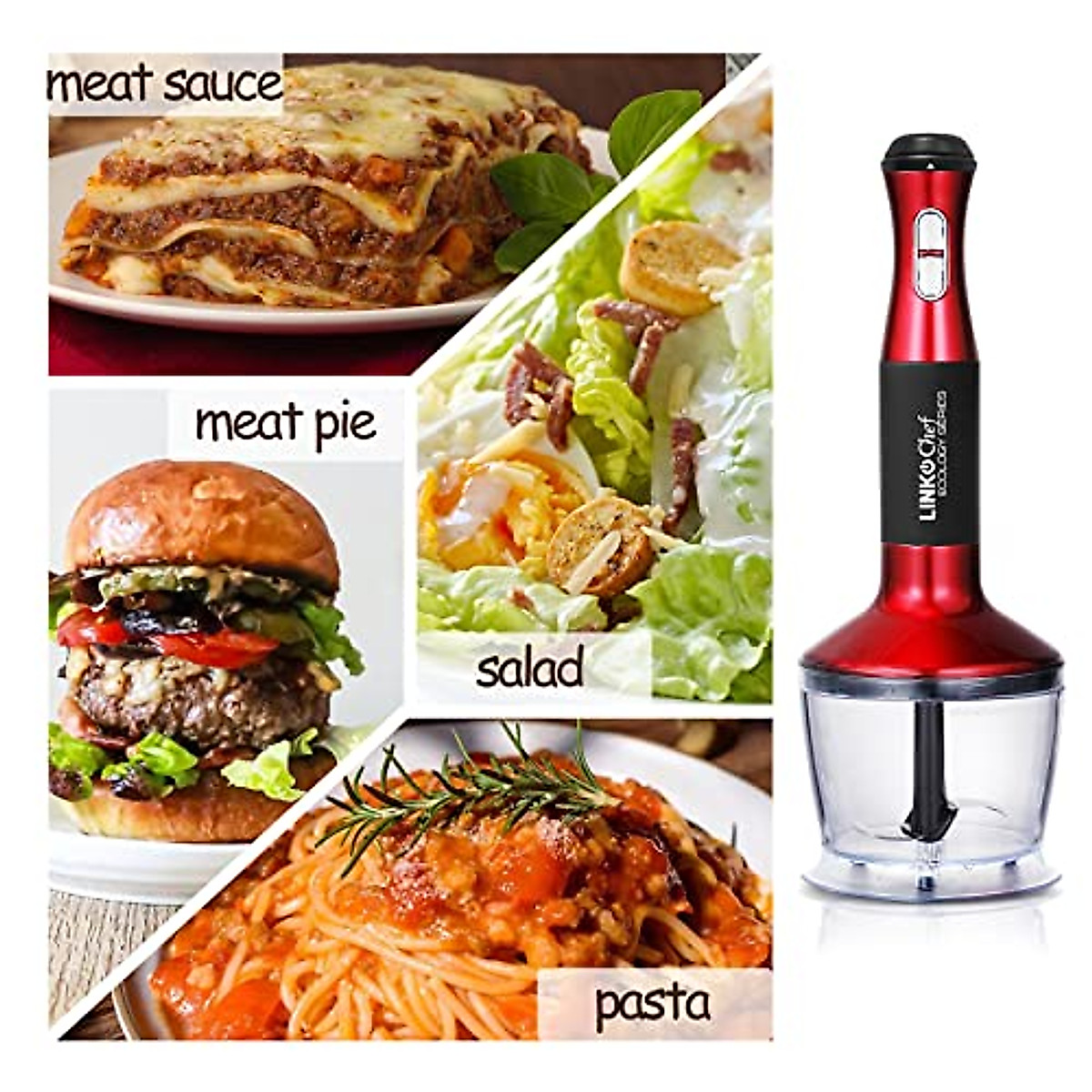 Immersion Blender LINKChef Hand Blender 5 in 1 Powerful 20 Speed Emulsion Blender with 800ml Beaker, Egg Whisk,500ml Food Grinder, Ice crush Blade,for Puree Infant Food, Smoothies, Sauces and Soups