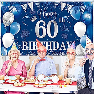 60th Birthday Banner Backdrop,BTZO Happy 60th Birthday Decorations,Blue Silver Fabric Photo Backdrop Background for Men and Women 60th Birthday Party,70.8 x 43.3Inch