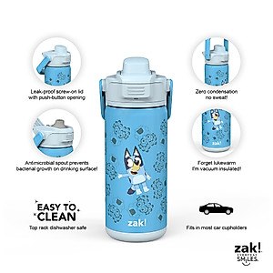 zak! Beacon Insulated Bottle, Bluey - 14 oz - Durable Stainless Steel - Double-Wall Vacuum Insulation, Silicone Spout & Push-Button, Leak-Proof Lid - Dishwasher Safe
