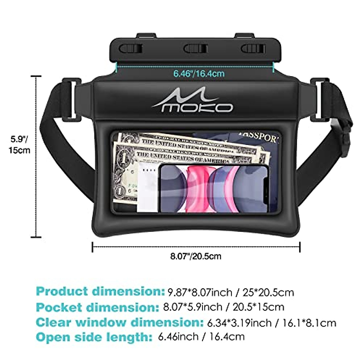 MoKo Waterproof Phone Pouch Fanny Pack, Floating Dry Bag for Swimming Kayaking Snorkeling, Compatible with iPhone 14 13 12 11 Pro Max X/Xr/Xs Max, Galaxy S21 Ultra/S9/Note 10 Plus, Black