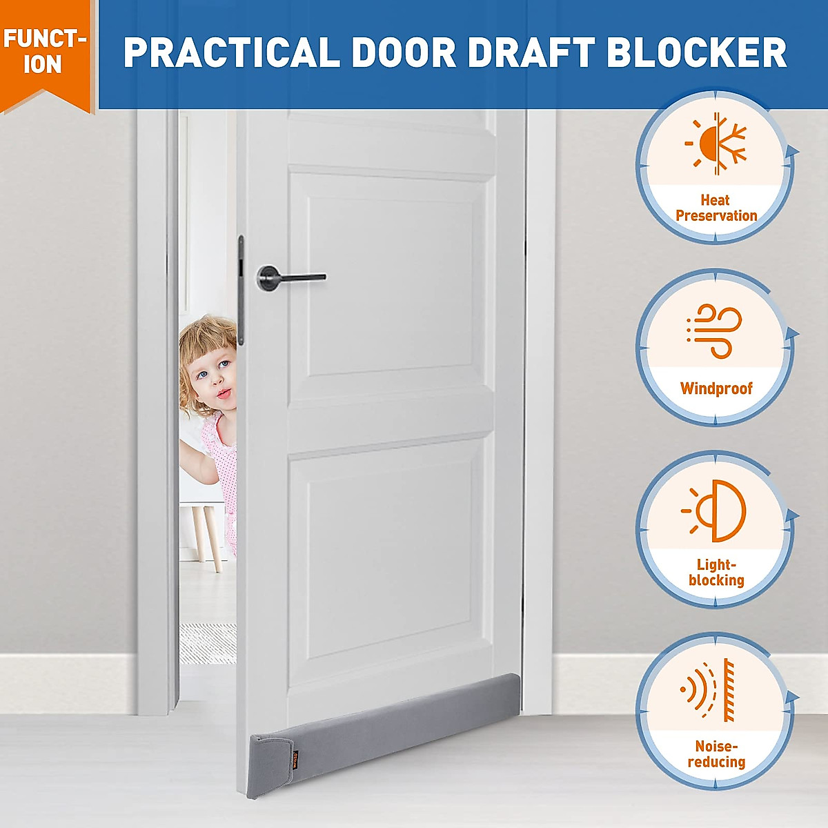 MAGZO Tailorable Door Draft Stopper 38" L X 4.7" W X 1.2" T, Fit Door Bottom Length 30-38 Inch Door Draft Blocker Noise Cold Air Wind Dust Proof Energy Saving, Gray