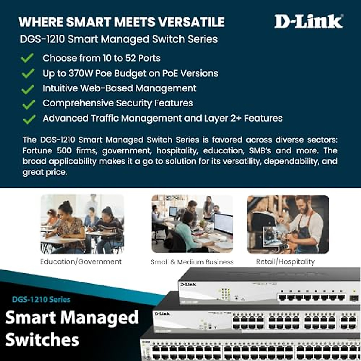 D-Link 52-Port Gigabit Smart Managed Switch | 48 GbE + 4 Combo SFP Ports | L2+ | Static Routing | VLANs | Cable Diagnostics | Web Managed | Rackmount | NDAA Compliant | Lifetime Warranty (DGS-1210-52)
