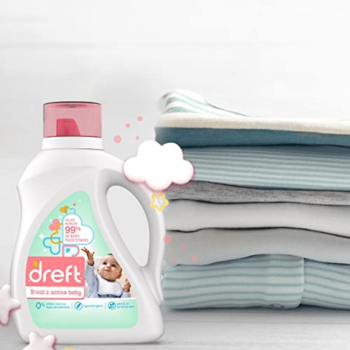 Dreft Stage 2: Active Baby Liquid Laundry Detergent, 89 Loads, 128 Fl Oz, Helps Remove 99% Of Baby Food Stains