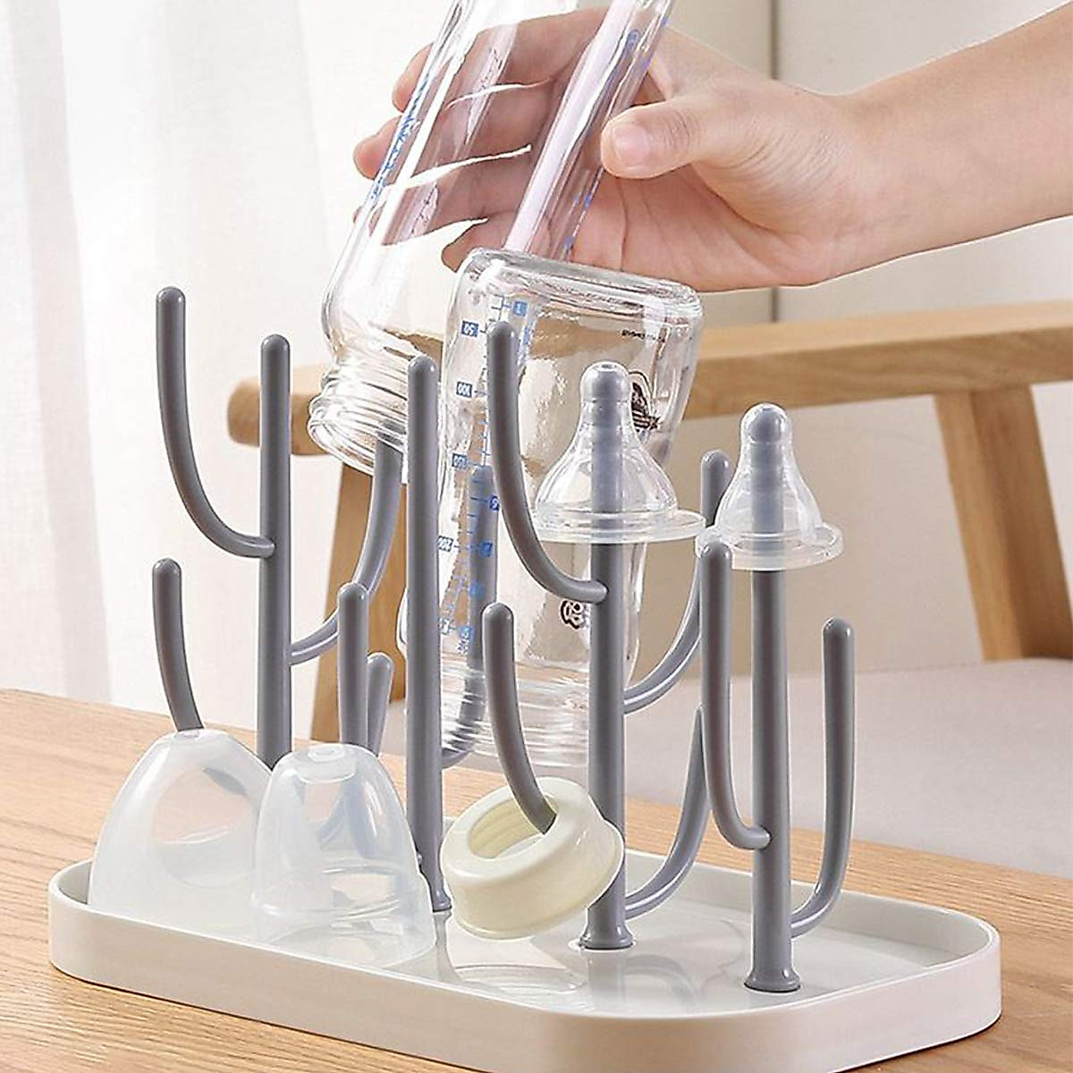 FEOOWV Baby Bottle Drying Rack with Base, Creative Tree Branch Baby Bottle Dryer Holder for Bottles, Teats, Cups, Pump Parts and Accessories (Gray)