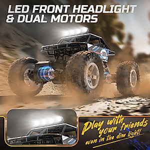 DEERC DE45 1:14 Remote Control Truck, RC Car Toy Rock Crawler, 4WD Off Road Monster Truck with Metal Shell Dual Motors LED Headlight 90 Min Play
