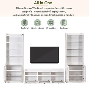 Modern Chic Elegant Entertainment Wall Unit with Tall Cabinets, Multifunctional TV Stand Set for TVs Up to 70", Television Stand with Acrylic Board Door, for Living Room, White