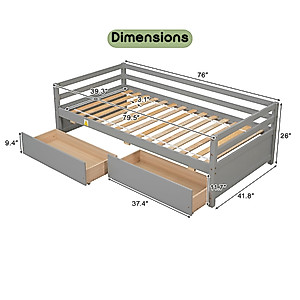 Harper & Bright Designs Twin Daybed with 2 Storage Drawers, Wooden Twin Size Daybed Frame, Dual-Use Daybed Sofa Kids Bed for Living Room,Guest Room,Children Room, No Box Spring Needed, Gray