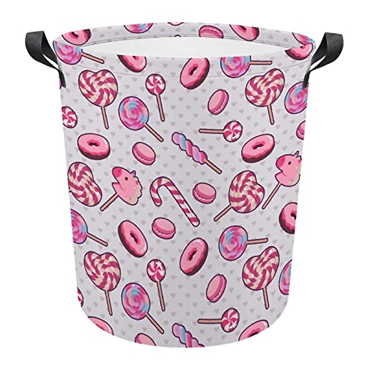 Pink Candies with Hearts Foldable Laundry Basket Waterproof Hamper Storage Bin Bag with Handle 16.5"x 16.5"x 17"