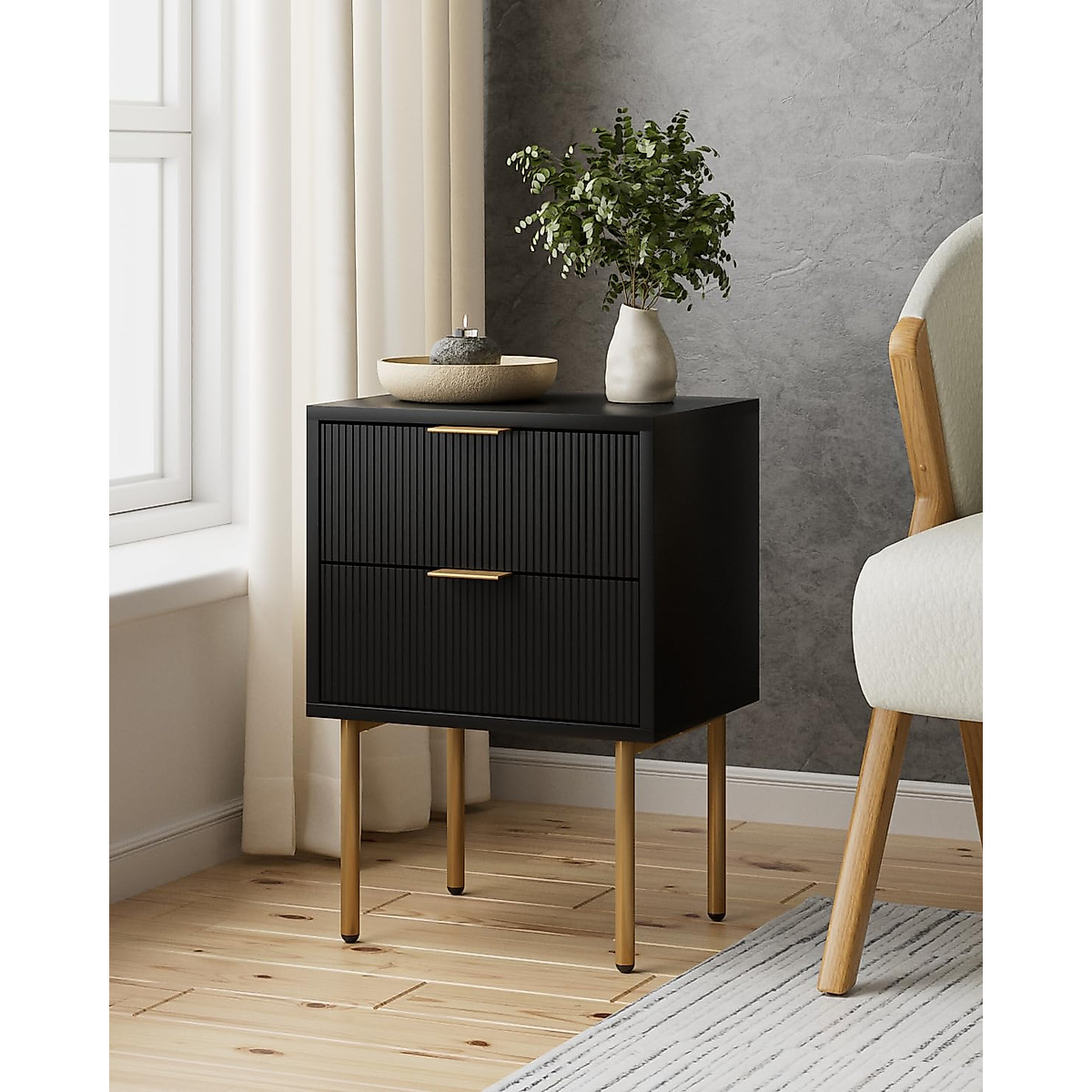 AEPOALUA Nightstand,Small Bedside Table with Gold Frame,White Night Stand,Bedside Furniture,Side Table with Drawer and Shelf for Bedroom,Living Room (Mid-Century-Stripe, Black.)