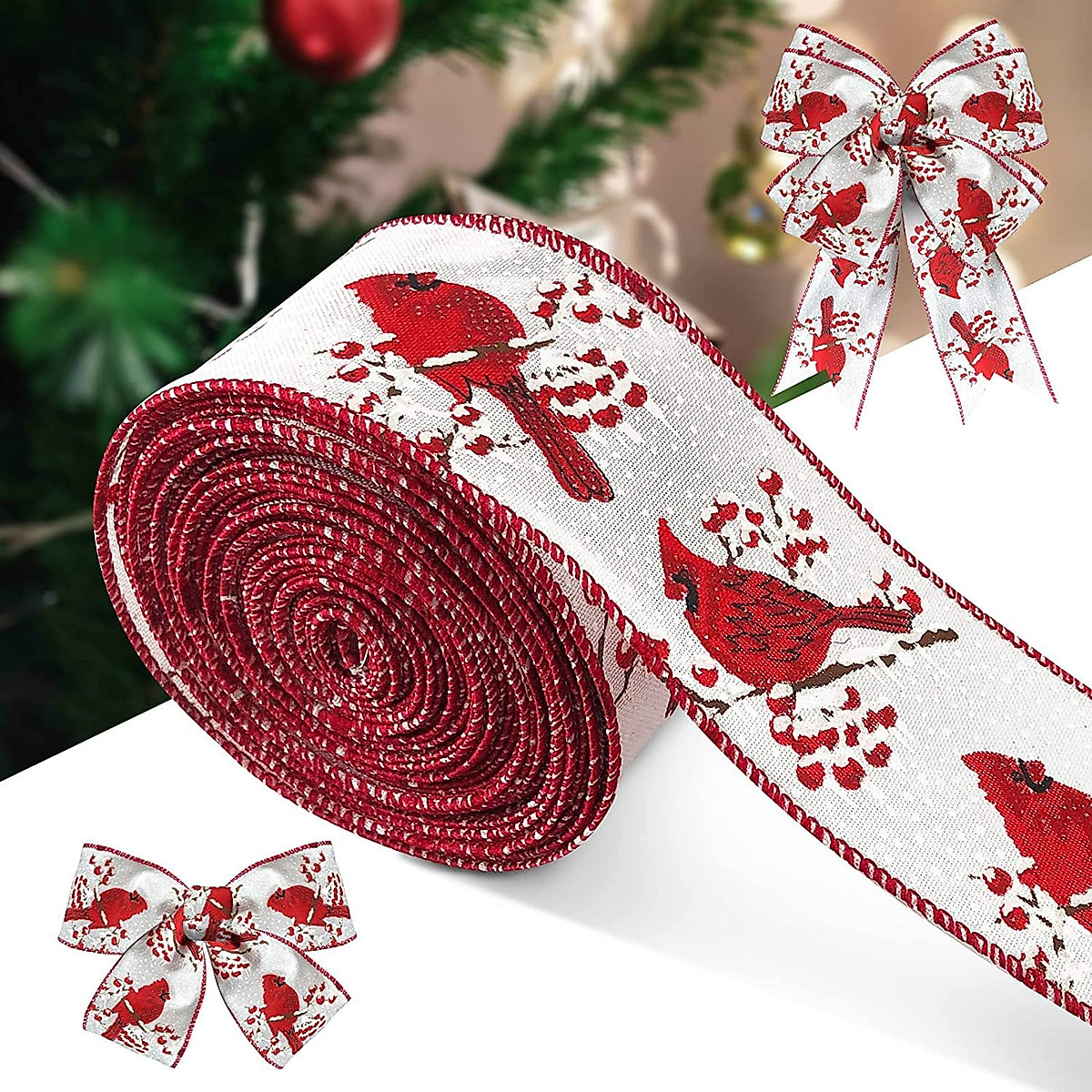 ACSENCETER Red Cardinal with Berry White Patterned Wired Ribbon for Christmas Tree Decorations, Gift Wrapping, Wedding Parties, Garlands and DIY Crafts 2.5" x 10 Yards Christmas Ribbon