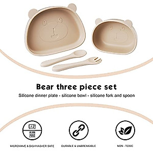 Silicone Baby Feeding Set,4 pcs Suction Plates for Baby,Divided Plates for Toddlers and Kids,Baby Spoon Fork Set for Toddlers,Silicone Plates for Kids (Beige)