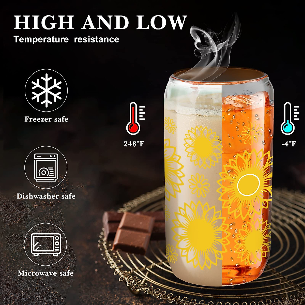 Zubebe Sunflower Glass Cup with Bamboo Lids and Straws, 16 oz Iced Coffee Tumblers Sunflower Drinking Cup Daisy Beer Can Inspirational Sunflower Gifts for Mother's Day Birthday(Yellow, 6 Pcs)