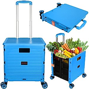 SELORSS Foldable Utility Cart Portable Collapsible Crate Rolling Carts with Wheels Rolling Tote Basket Teacher Cart with Lid Wear-Resistant 360°Rotate Wheel Noiseless for Shopping Storage Office Use