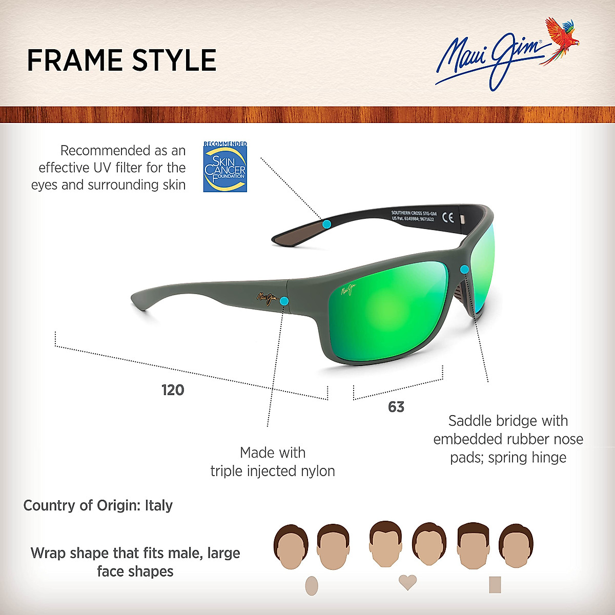 Maui Jim Men's Southern Cross Polarized Wrap Sunglasses, Soft Matte Khaki/Brown/Black/MAUIGreen®, Large