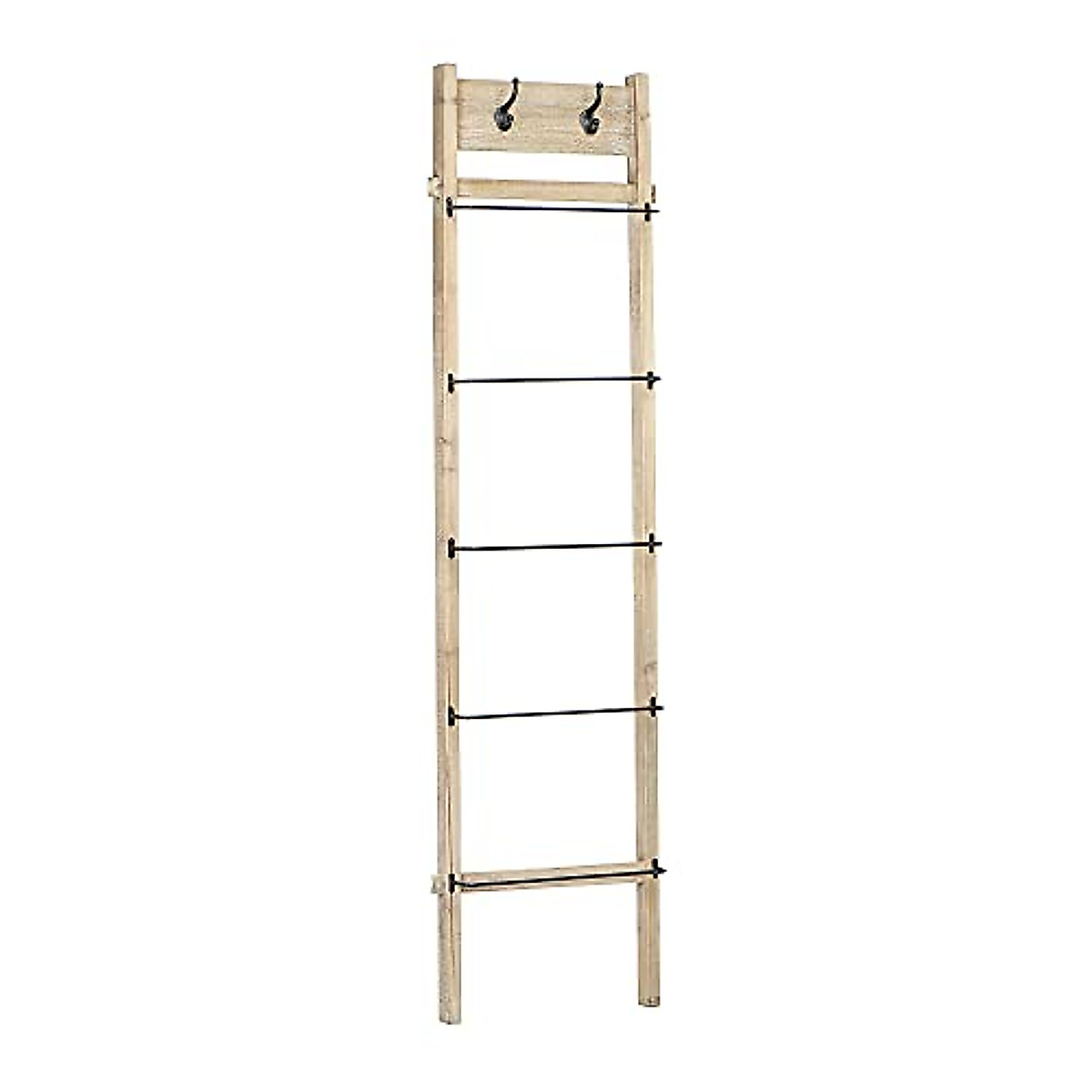 Creative Co-Op Fir Wood Wall Metal Bar and 2 Hooks Decorative Ladder, Natural