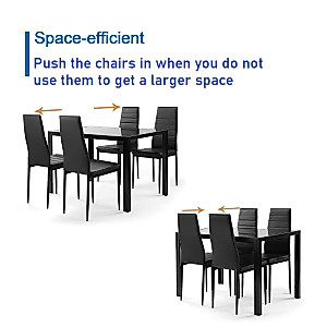 VERYKE Kitchen Dining Table Set for 4,Modern Tempered Glass Rectangular Dining Table & 4 Faux Leather Chairs Furniture Set for Kitchen Breakfast, Dining Room (Black)