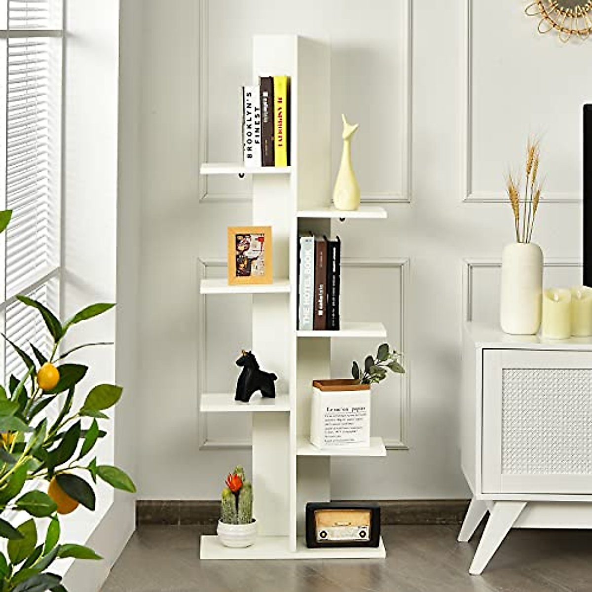 Tangkula 8 Shelf Bookshelf, Wooden Tree Bookcase with 8 Book Shelf, 20”L x 8”W x 55.5”H, Freestanding 8 Tier Storage Display Shelf with Anti-toppling, Corner Shelf for Living Room Home Office (White)