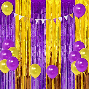 Purple and Gold Party Decoration, Purple Gold Graduation Backdrop 2025, Purple Gold Backdrop Foil Fringe Curtains Photo Streamers for Baby Shower Islamic Eid Mubarak Party Decor (3 Pack)