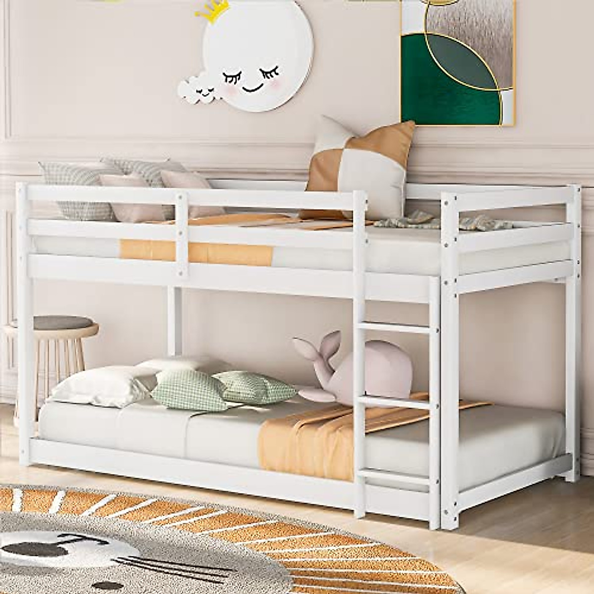 Twin Over Twin Mood Bunk Bed Frame with Safety Guard Rail and Ladder, Space-Saving, No Box Spring Needed, Noise Free (White)