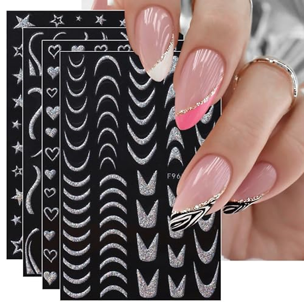 JMEOWIO 8 Sheets French Tip Nail Art Stickers Decals Self-Adhesive Pegatinas Uñas Silver Line Nail Supplies Nail Art Design Decoration Accessories