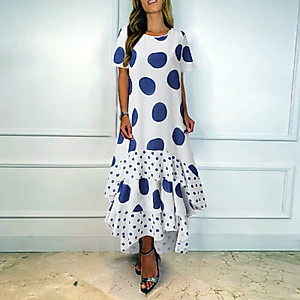 Cnebo Business Dresses for Women 2023 Ladies Short Sleeve Round Neck Polka Dot Prints Side Pockets Long Dress