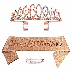 Ceqiny 60th Birthday Sash Tiara and Crowns for Girls, Birthday Queen Rose Gold Tiara, Princess Tiara Rhinestone Headbands with Combs Bridal Wedding Tiaras for Wedding Prom Bridal Party Christmas