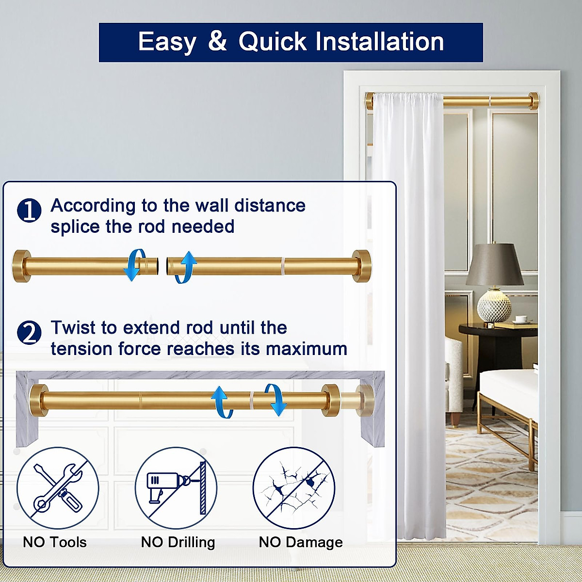 YNL Tension Shower Curtain Rod- No Drill, Never Rust, Non-Slip Spring Tension Rods for Bathroom, 45-80 inches, Stainless Steel, Brushed Gold