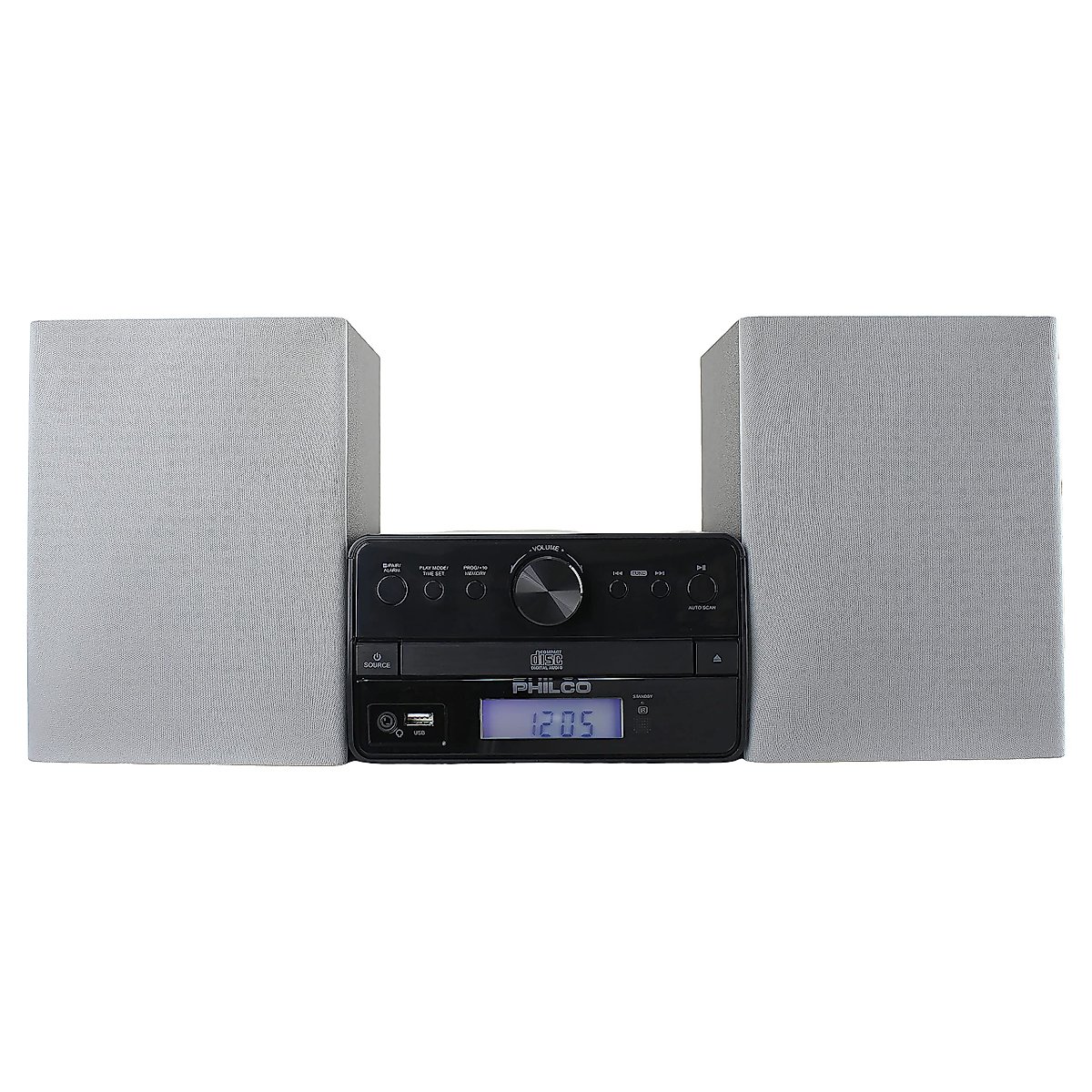 Philco Stereo Shelf Systems Tray Loading CD Player with Digital FM Radio, Bluetooth Streaming, Remote Control in Silver | LCD Display | 3.5mm Headphone Jack | MP3 & AUX Port Compatible | USB Input