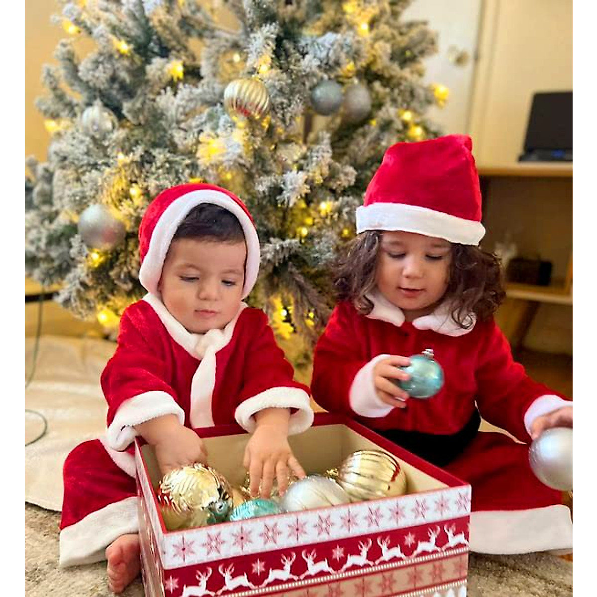 BIG ELEPHANT Unisex Baby 1 Piece Warm Christmas Long Sleeve Romper Pajama with Hat V01 (6-12 Months, Red)