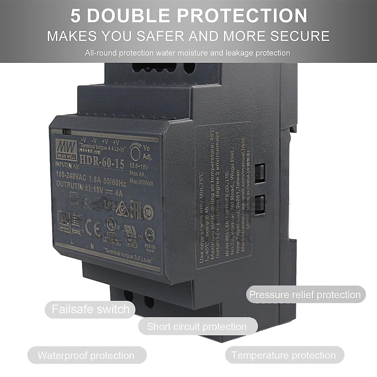 TorqCali HDR-60-15 60W DIN Rail Power Supply 15V Constant Current, Slim Design for Industrial Automation, Building Management, and Machine Control