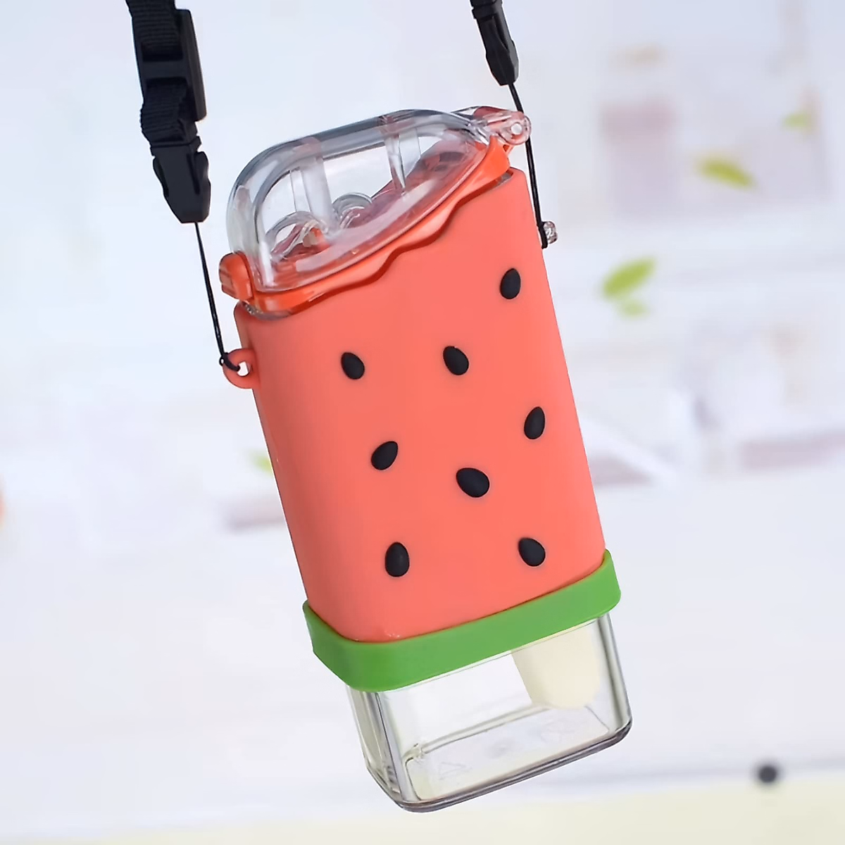 Lipitaley Cute Water Bottle for Kids, Unique Ice Cream Shape water cup, Kawaii Popsicle Shaped Plastic Kettle with Straw, Adjustable Shoulder Strap, BPA free, Leakproof, 8oz, Watermelon