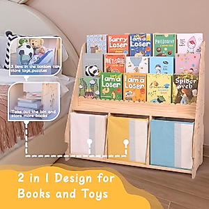 JUQUANBH 3 Tier Kid Book Shelves with 3 Storage Box,Wood Kids Stand Bookcase, Cartoon Cubbies Reading Book Stand for Kids, Toy Storage Organizer for Kids Bedroom Toy Room - Gift