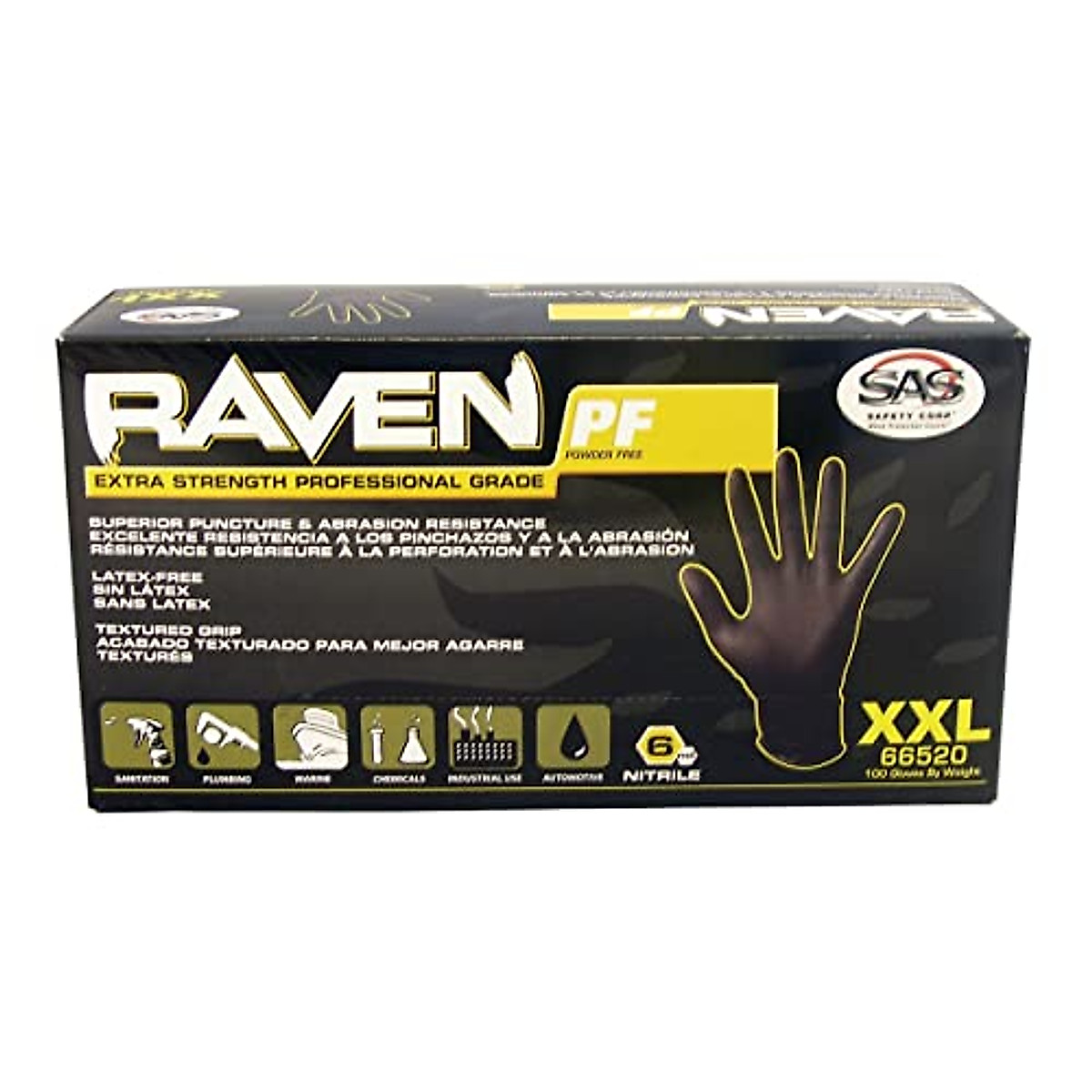 10 Pack SAS Safety 66519 Raven 6 mil Black Nitrile Disposable Gloves - X-Large (100 Gloves per Box)