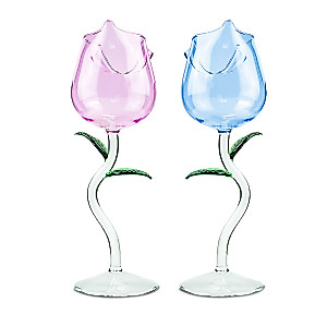 2pcs Rose Wine Glass, Creative Red Wine Glass, Rose Flower Goblet, Wine Cocktail Juice Glass for Party Dinner Wedding Festival Kitchen Bar Celebration (260ml, Blue and Pink)