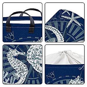 Clastyle 45L Waterproof Blue Seahorse Laundry Baskets for Clothes Collapsible Animal Storage Laundry Hamper with Drawstring, 14.2 * 17.7 in