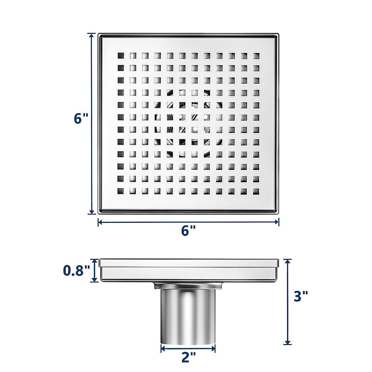 Neodrain 6-Inch Square Shower Drain with Removable Quadrato Pattern Grate,PVC Shower Drain Base and Rubber Gasket for Bathroom Floor Drain, Brushed 304 Stainless Steel, Includes Hair Strainer