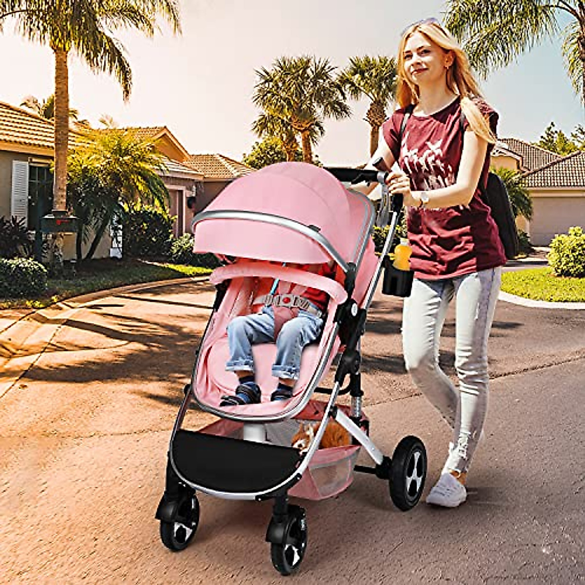 Kinder King 2 in 1 Convertible Baby Stroller, Folding High Landscape Infant Carriage, Newborn Reversible Bassinet Pram, Adjustable Canopy, Diaper Bag, Anti-Shock Toddler Pushchair Stroller, Pink