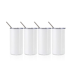 PYD Life Sublimation Blanks Tumbler Straight Fatty 20 OZ White Stainless Steel Tumbler Cups with Lid and Metal Straw for Cricut Mug Press Machine Sublimation Print 4 Pack