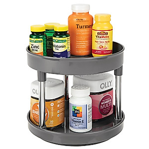 mDesign 2 Tier Lazy Susan Turntable Food Storage Container for Cabinets, Pantry, Fridge, Countertops - Raised Edge, Spinning Organizer for Spices, Condiments - 9" Round - Charcoal Gray/Chrome