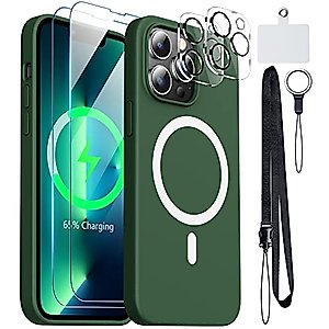 [6-in-1]Silicone for iPhone 13 Pro Phone Case,[Magsafe-Compatible][Glass Screen Protector+Lens Protector][Soft Anti-Scratch Microfiber Lining]Shockproof Case for iPhone 13 Pro 6.1 inch-Grass Green