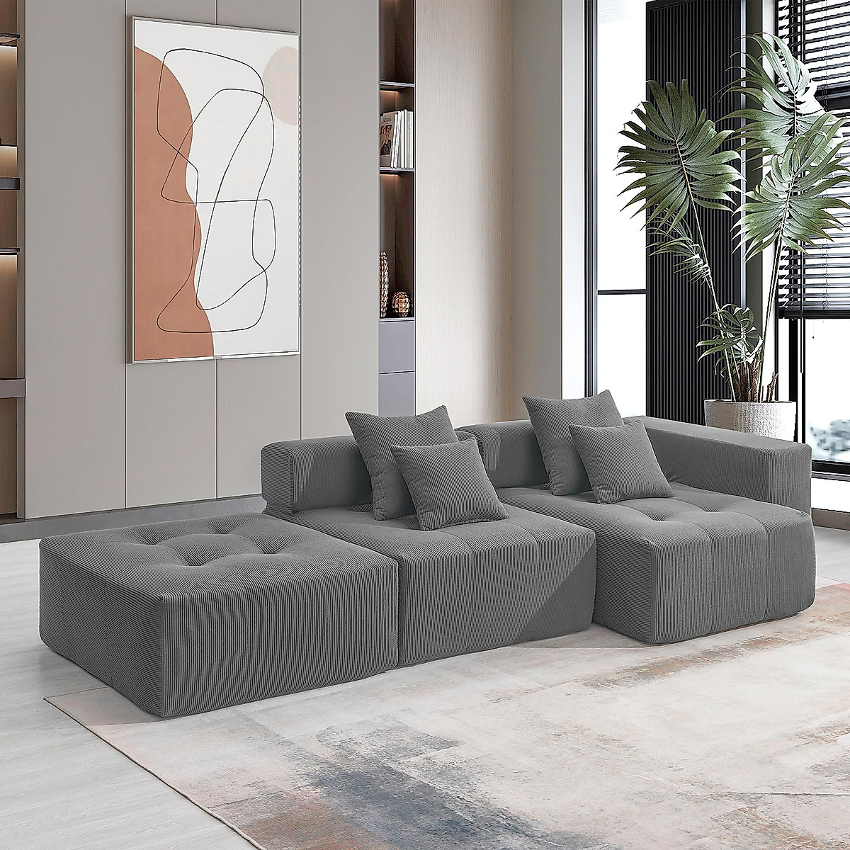 P PURLOVE L Shaped Sectional Sofa, Corduroy Modern Minimalist Style L Shaped Couch, Modular Upholstered Living Room Sofa Set for Living Room, Apartment, 3 PC Free Combination (Gray)