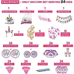 Unicorn Party Supplies Set - Serves 24 - Including Birthday Banner ,Large Tablecloth, Plates, Cups, Napkins, Straws , Headband, Sash, Unicorn Balloons & Much More.