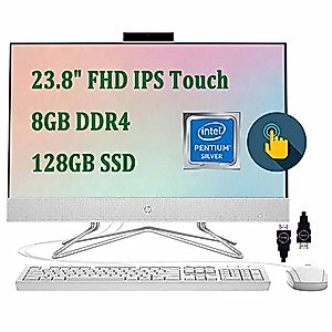 HP 24 All-in-One Desktop Computer I 23.8" FHD IPS Touchscreen (72% NTSC) I Intel 4-Core Pentium Silver J5040 I 8GB DDR4 128GB SSD I Intel UHD Graphics 605 I Win11 White + HDMI Cable