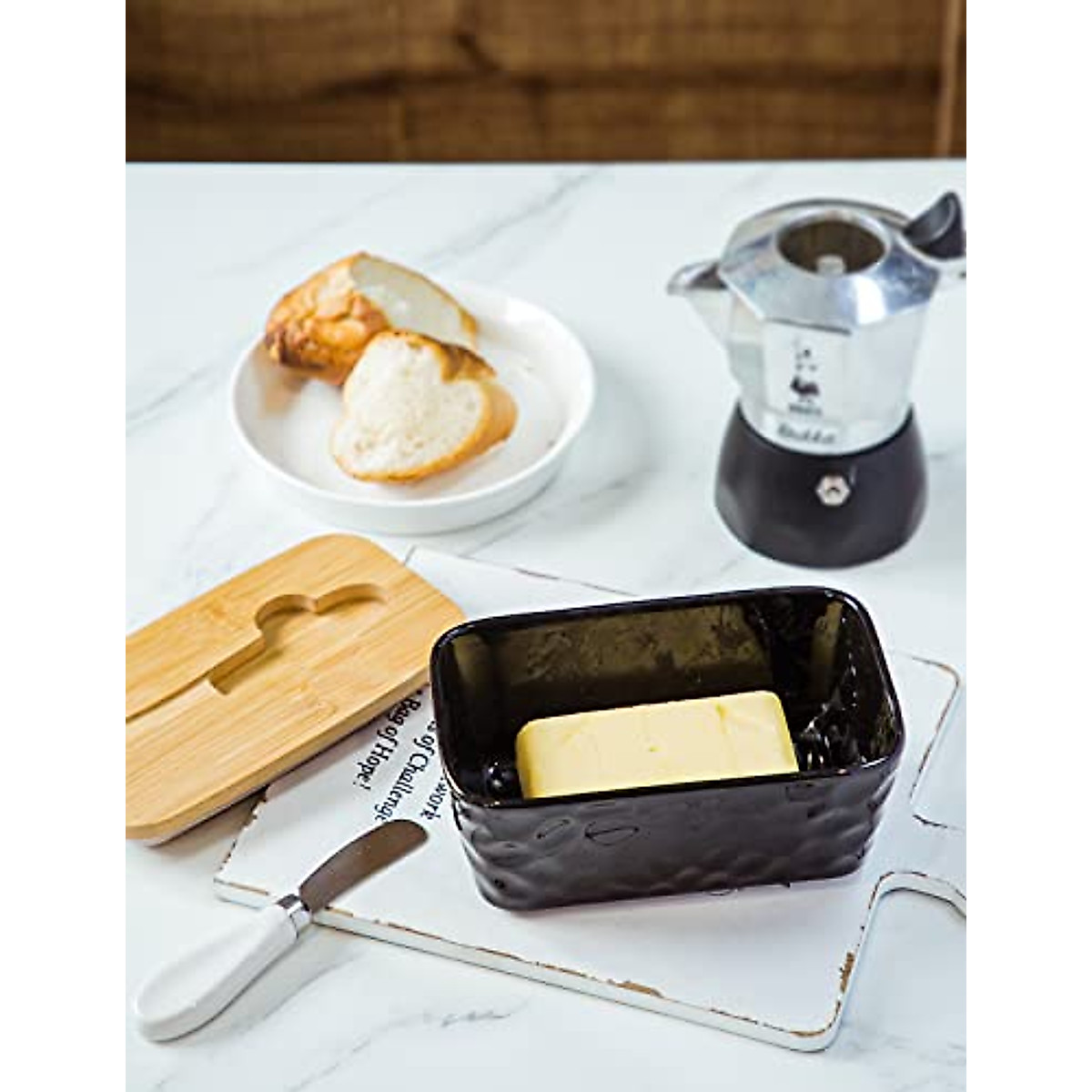 Large Butter Dish with Lid for Countertop Porcelain Butter Container with Knife Double Silicone Seal Butter Dishes with Covers Perfect for West or East Coast Butter, Unique Stone Pattern Black