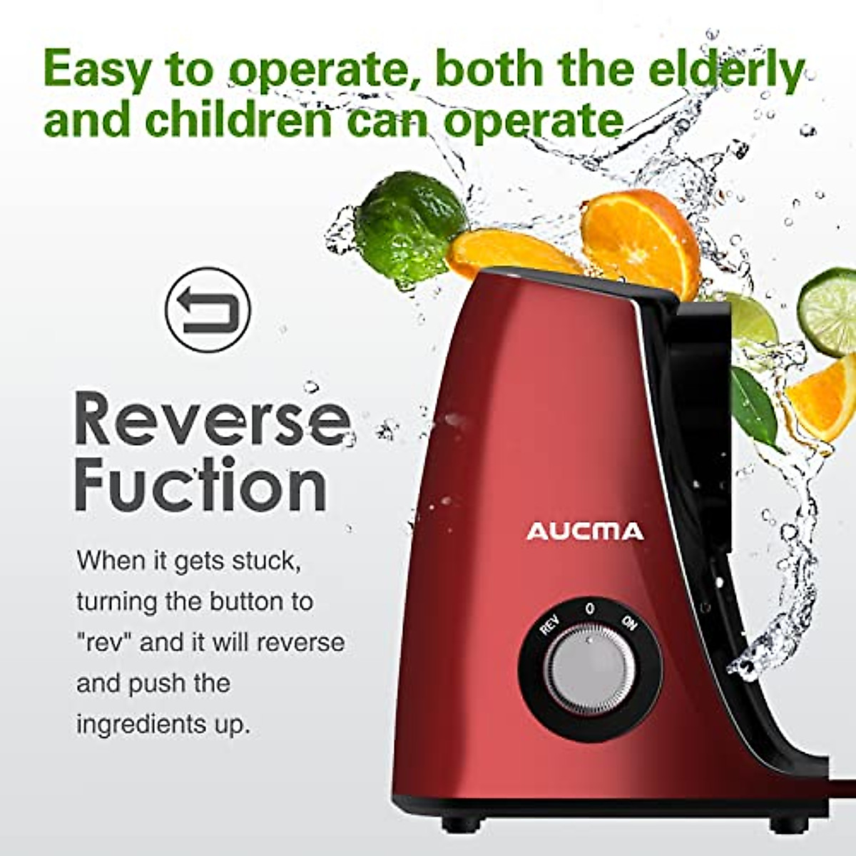 Aucma Slow Juicer Machine, Cold Press Juicer with Quiet Motor and Reverse Function, Masticating Juicer Machine with Brush Recipes, Juicer Extractor for High Nutrient Fruit Vegetable Juice (Classic Red)