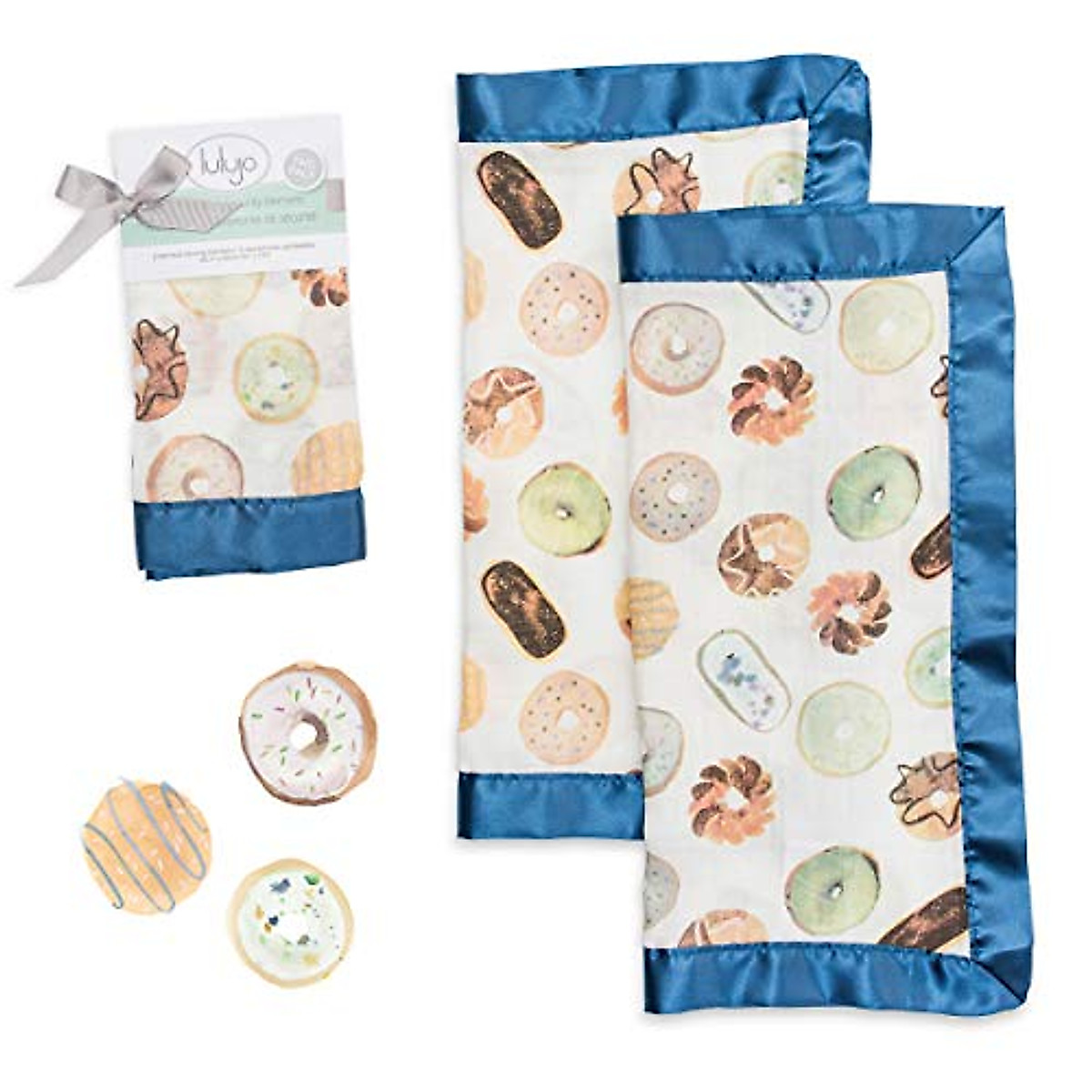 lulujo Baby Security Lovey Blankets| Unisex Softest Breathable Bamboo Viscose Cotton Muslin Security Blanket with Silky Satin Trim| Neutral Comforting Blanket for Girls & Boys | 16in by 16 in| Donuts