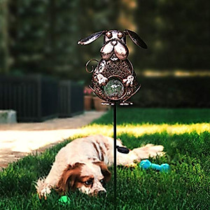KAIXOXIN Garden Solar Lights Metal Dog Crackle Glass Globe Stake Lights,Waterproof Warm White LED Solar Path Lights (Dog-Bronze)